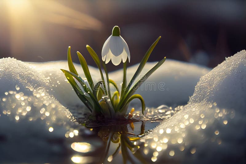 Spring Flower Grows on a Lawn in the Snow Under the Scorching Sun in ...