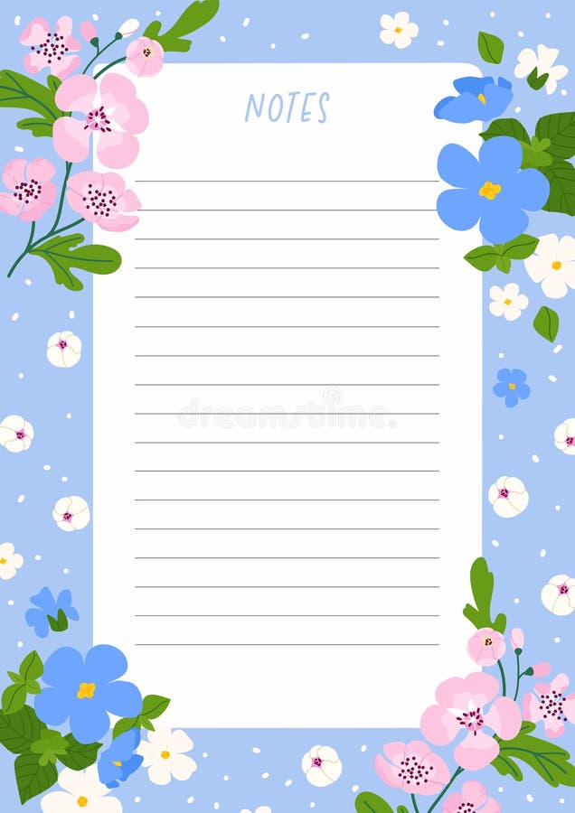 Spring Flower Lined Note Page Design on Blue Background. Elegant Vector ...