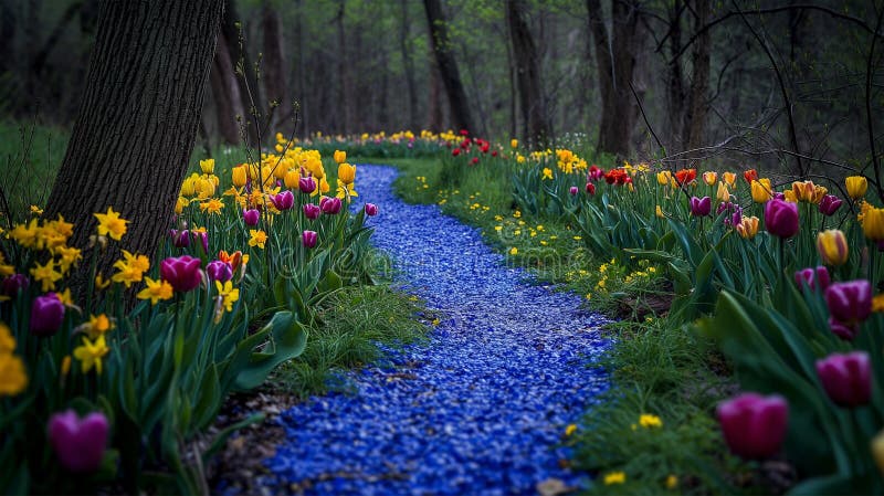 Spring Flower Path in a Forest with Blue, Purple Hyacinths, Tulips, and ...