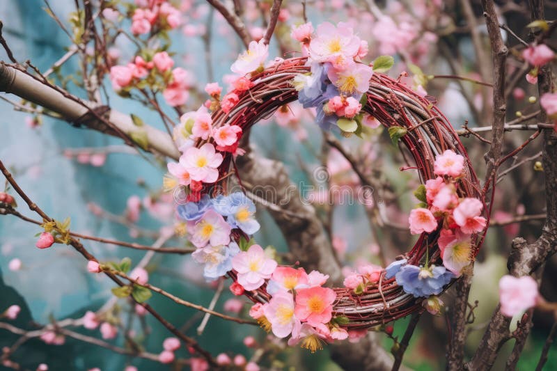 Spring Flower Wreath on Tree, Closeup. Generative AI Stock Illustration ...