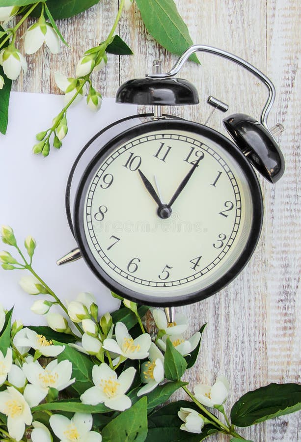 Spring Flowers and Alarm Clock. Change the Time Stock Image - Image of ...