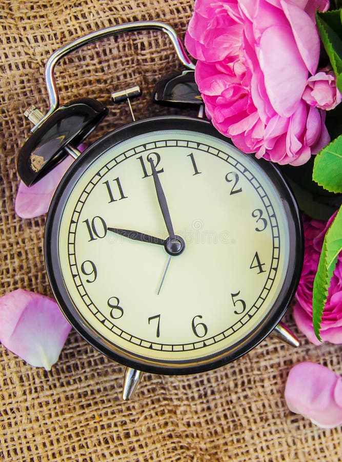 Spring Flowers and Alarm Clock. Change the Time Stock Image - Image of ...