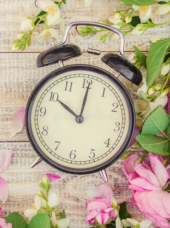 Spring Flowers and Alarm Clock. Change the Time Stock Image - Image of ...