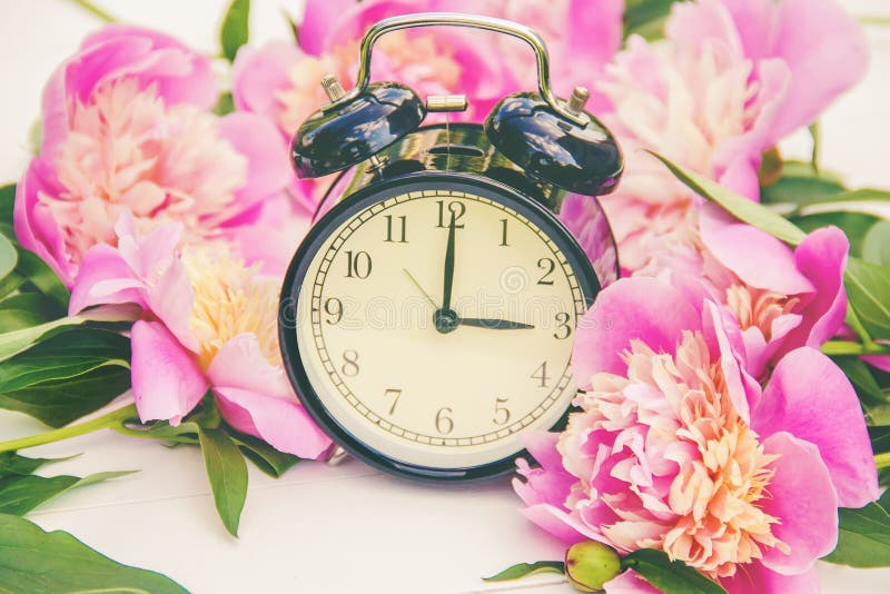 Spring Flowers and Alarm Clock. Change the Time Stock Photo - Image of ...