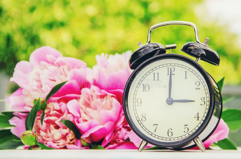 Spring Flowers and Alarm Clock. Change the Time Stock Image - Image of ...