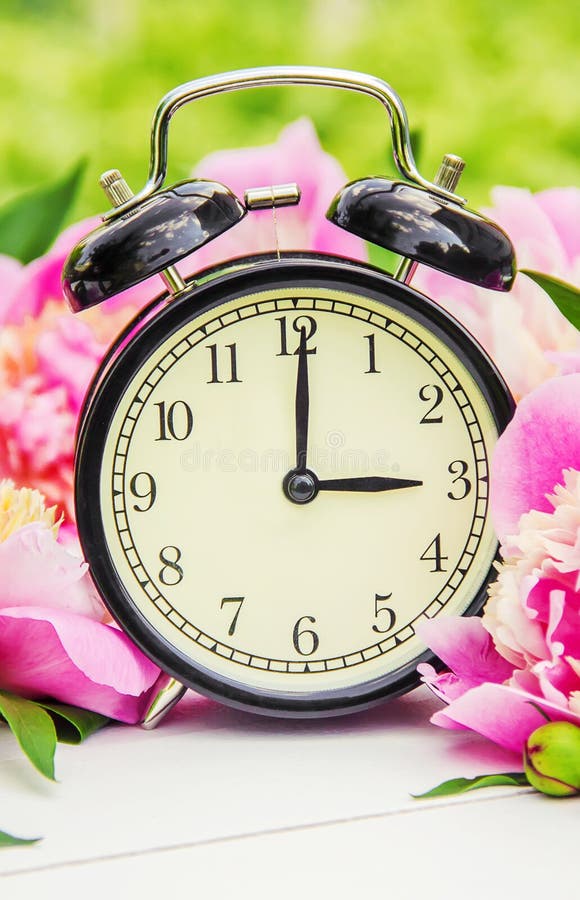 Spring Flowers and Alarm Clock. Change the Time Stock Image - Image of ...