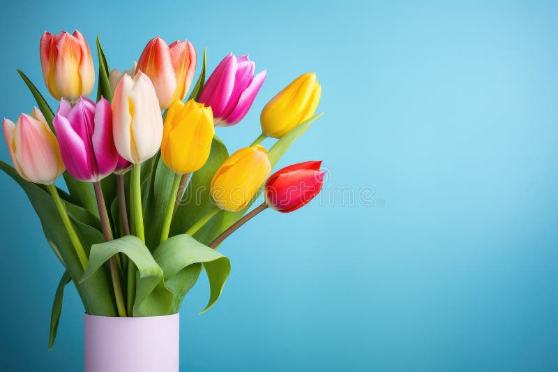 Spring Flowers Banner - Bunch of Pink Tulip Flowers on Blue Sky ...