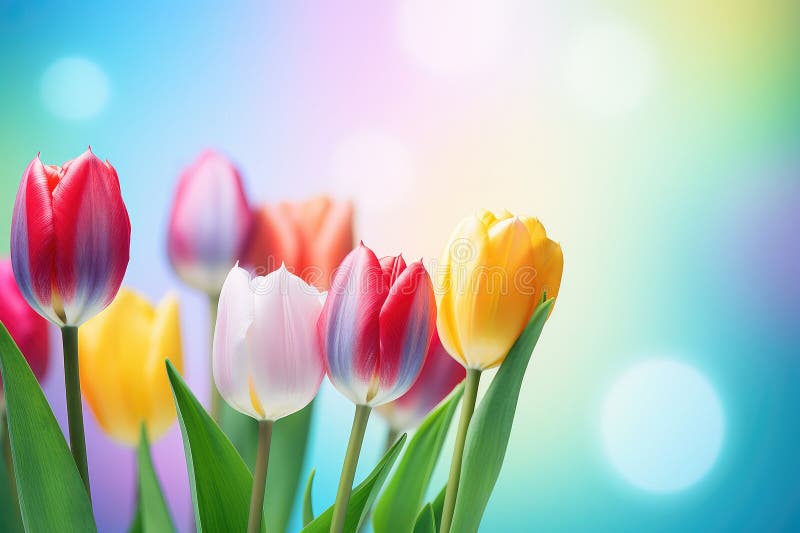 Spring Flowers Banner - Bunch of Pink Tulip Flowers on Blue Sky ...