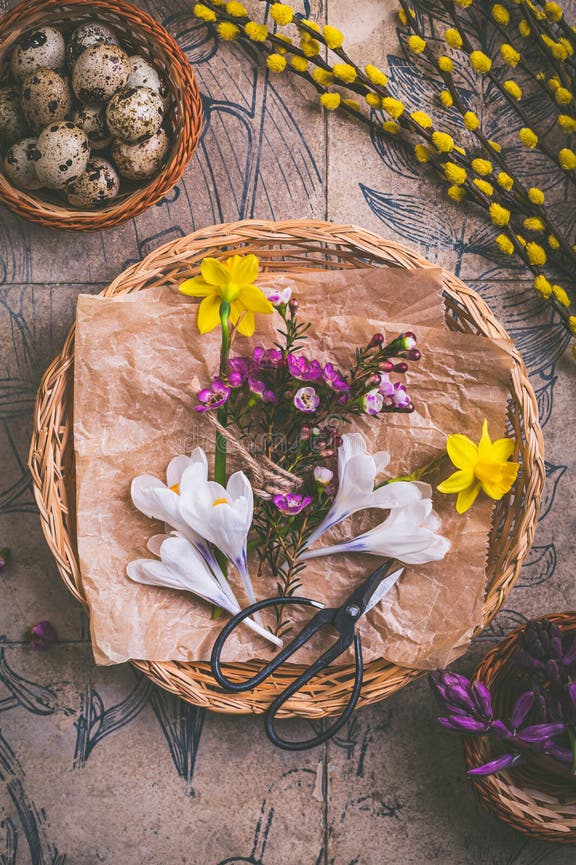 Spring Flowers in a Basket with Garden Scissors Stock Image - Image of ...