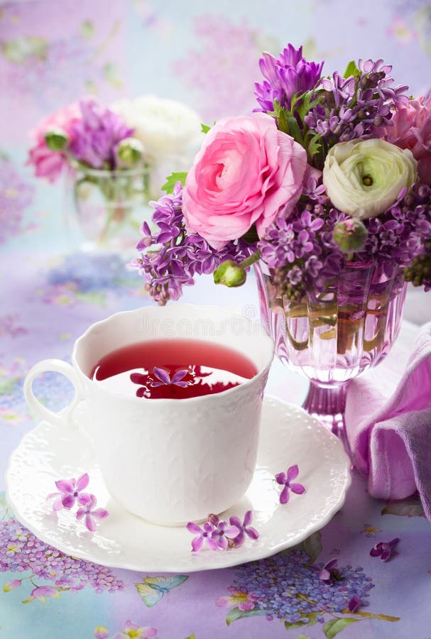 Spring Tea Cup and Lilacs stock photo. Image of birthday - 14338966