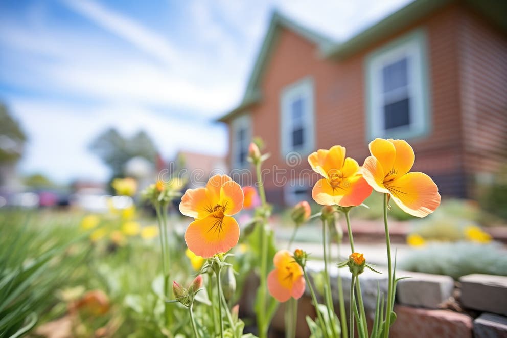Spring Flowers Blooming in Front of a Brick Cape Cod Stock Illustration ...
