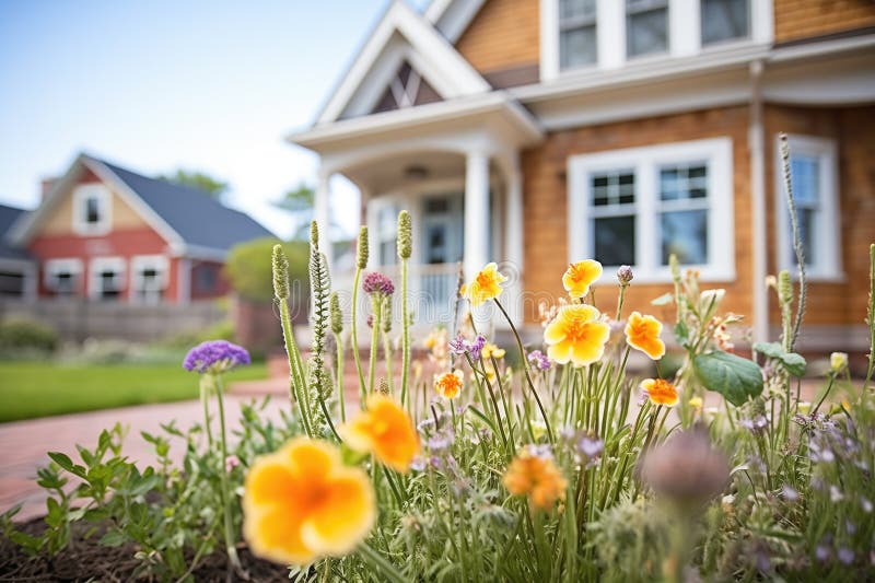 Spring Flowers Blooming in Front of a Brick Cape Cod Stock Illustration ...