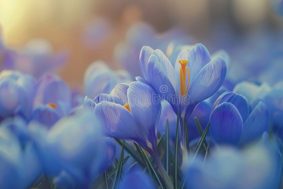 Spring Flowers of Blue Crocuses on Sun Light Flare .generative Ai Stock ...