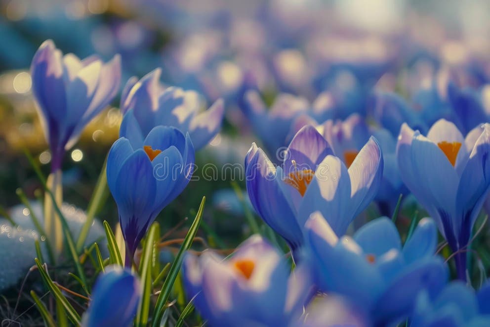 Spring Flowers of Blue Crocuses on Sun Light Flare .generative Ai Stock ...