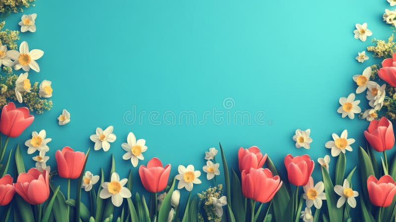 Spring Flowers Border Blue Background Design Stock Illustration ...