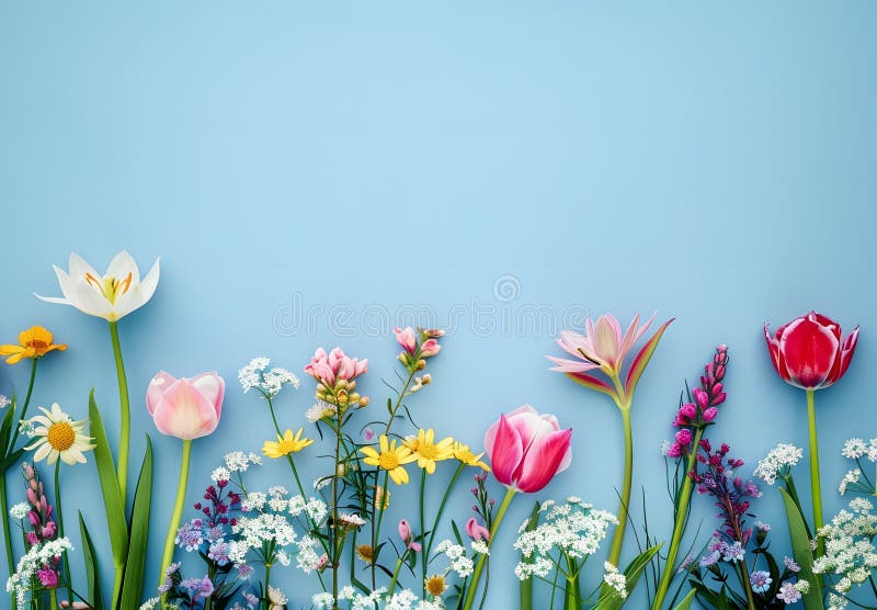Spring Flowers Border on Blue Background Stock Illustration ...