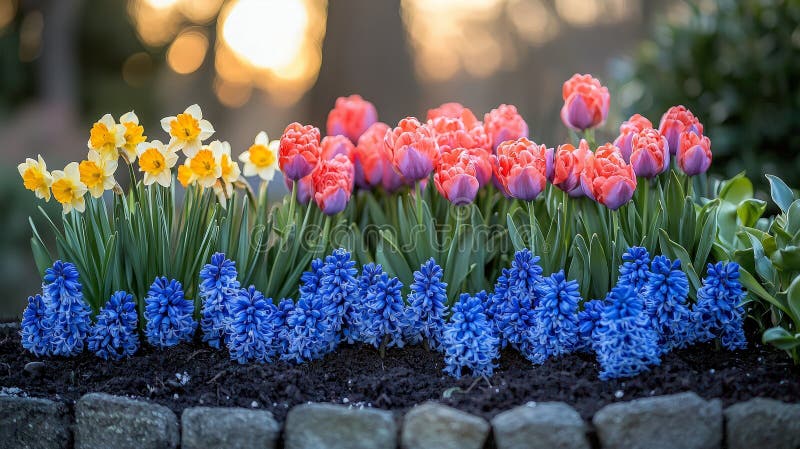 Spring Flowers Border, Park, Sunset Stock Image - Image of sunlight ...