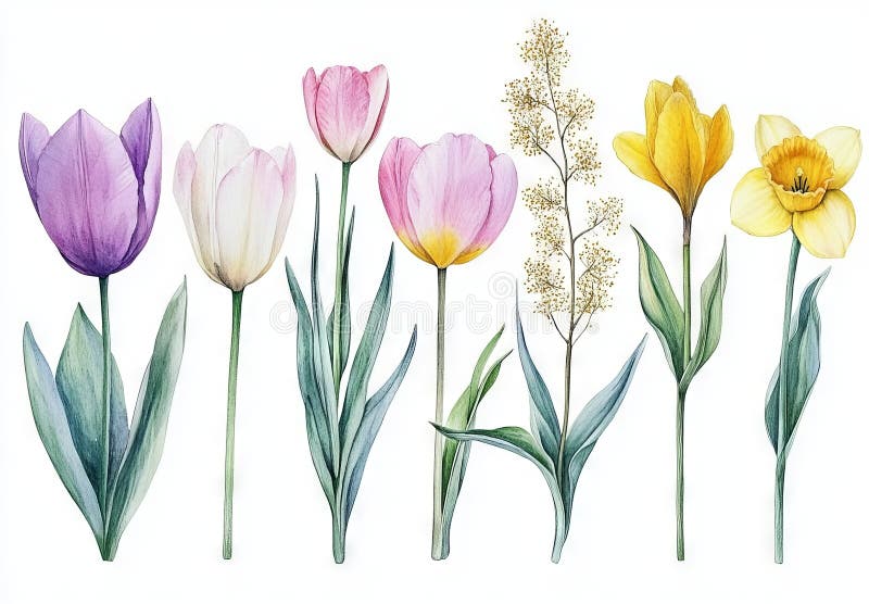 Spring Flowers and Bouquets, Hand-painted in Watercolor on a White ...