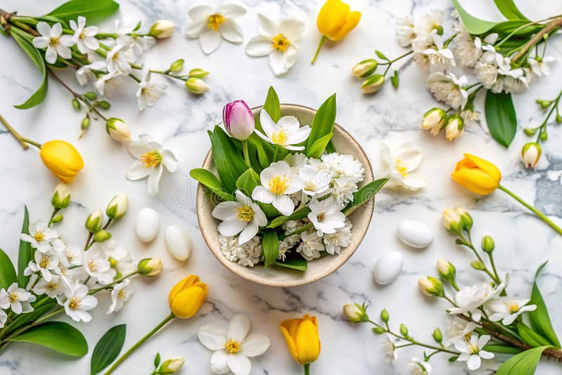 Spring Flowers in Bowl on Marble, Eggs, and Sprigs Stock Illustration - Illustration of design ...