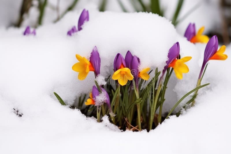 Spring Flowers Breaking through the Snow Cover Stock Photo - Image of ...