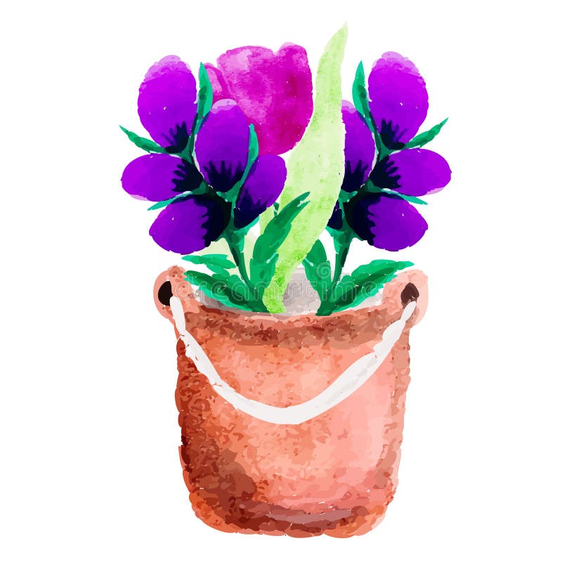Spring Flowers in a Bucket, Watercolor Vector Image Stock Vector ...