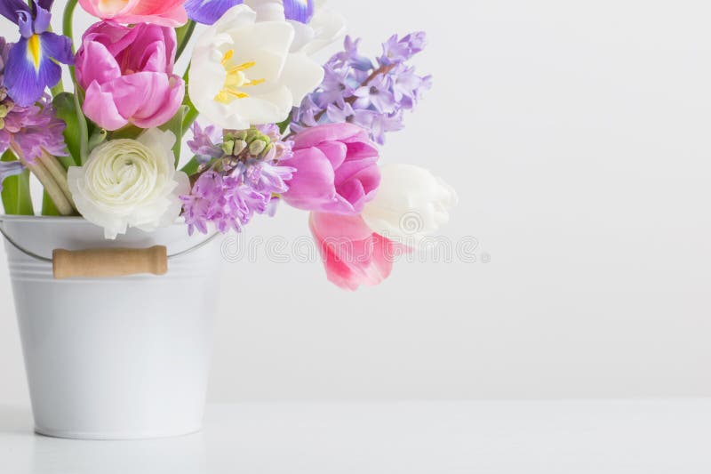 Spring Flowers in Bucket on White Background Stock Photo - Image of ...