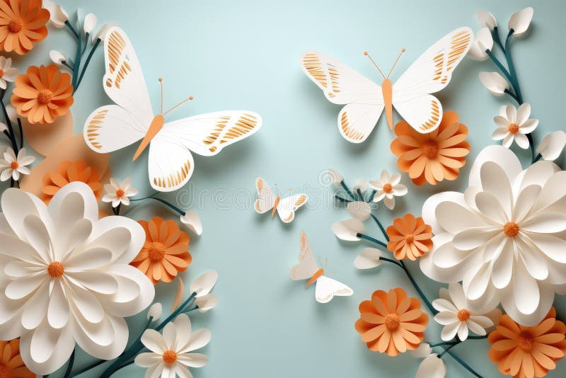 Spring Flowers and Butterfly Paper Art AI Generated Stock Illustration ...
