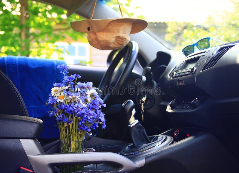 Spring flowers in car stock photo. Image of fragment - 61122424