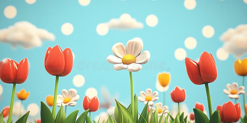 Spring Flowers Cartoon Tulips and Daisies Background Stock Illustration ...