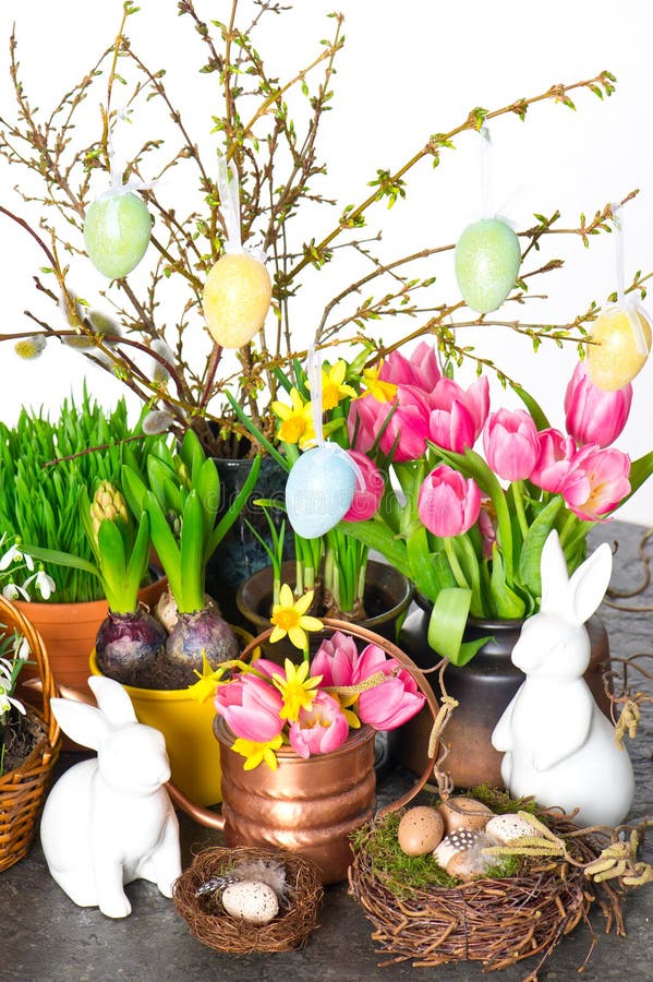 Easter Handmade Decoration with Spring Flowers and Bunny at Home Stock ...