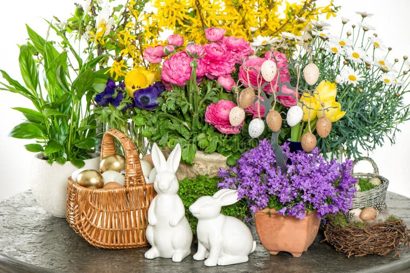 Spring Flowers Easter Decoration White Bunny Stock Image - Image of ...