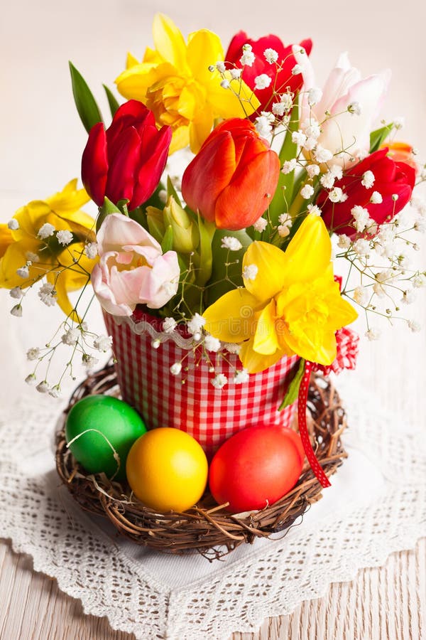 Daffodil Flowers with Catkins and Easter Eggs Stock Image - Image of ...