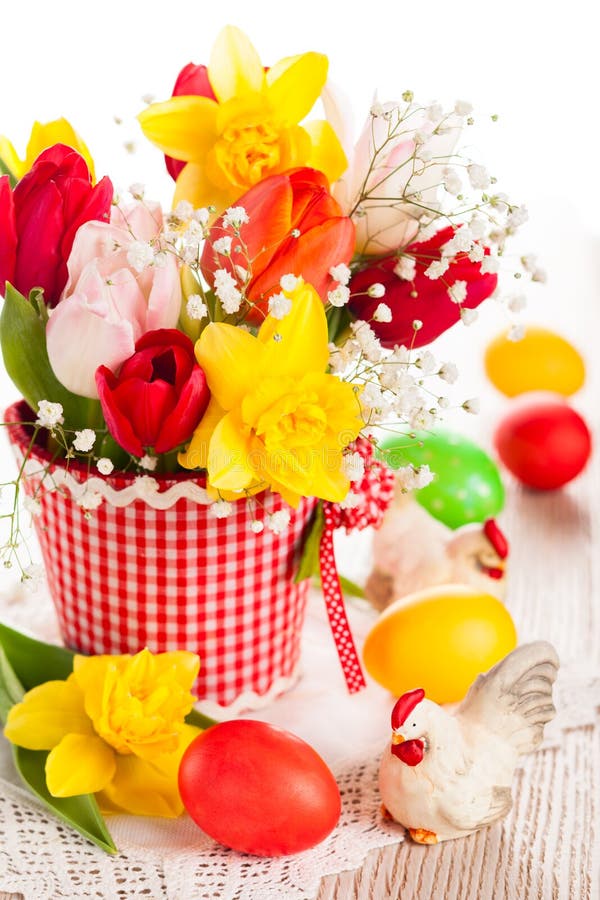 Spring Flowers and Easter Eggs Stock Photo - Image of chicken, bouquet ...