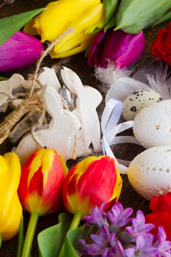 Spring Flowers with Easter Eggs Stock Photo - Image of celebration ...