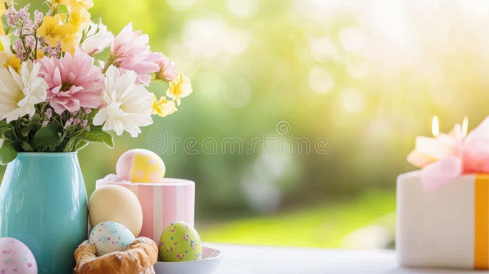 Spring Flowers and Easter Eggs on a Sunlit Table with Gift Box Stock ...