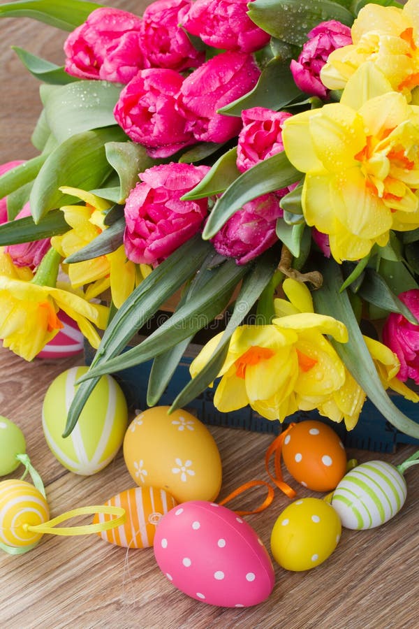 Spring Flowers with Easter Eggs Stock Image - Image of season, eggs ...