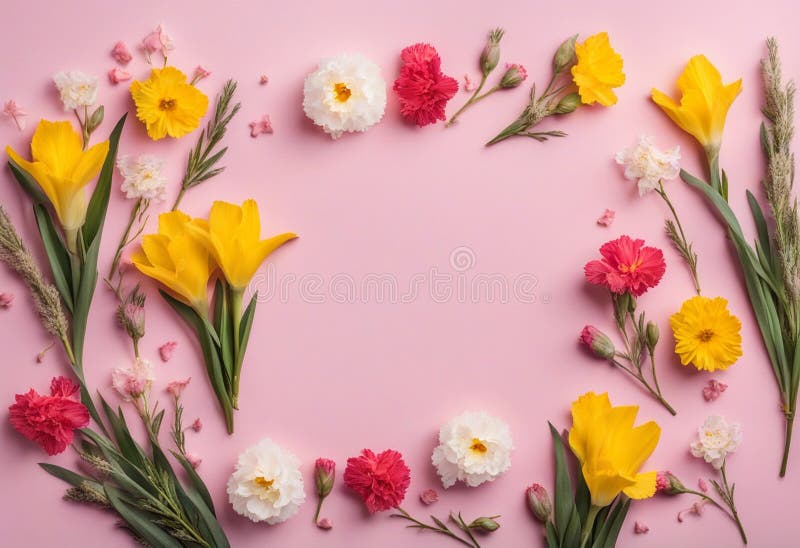 Spring Flowers Flat Lay Frame Composition on Colored Background with ...