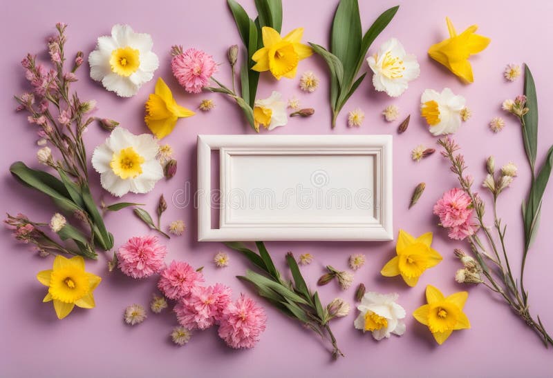 Spring Flowers Flat Lay Frame Composition on Colored Background with ...