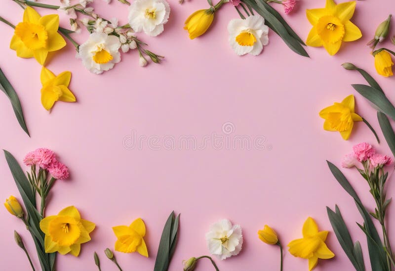 Spring Flowers Flat Lay Frame Composition on Colored Background with ...