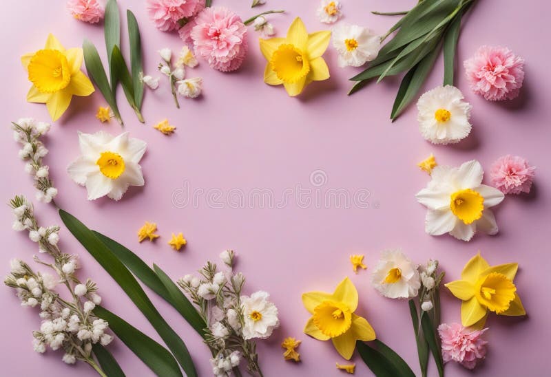 Spring Flowers Flat Lay Frame Composition on Colored Background with ...