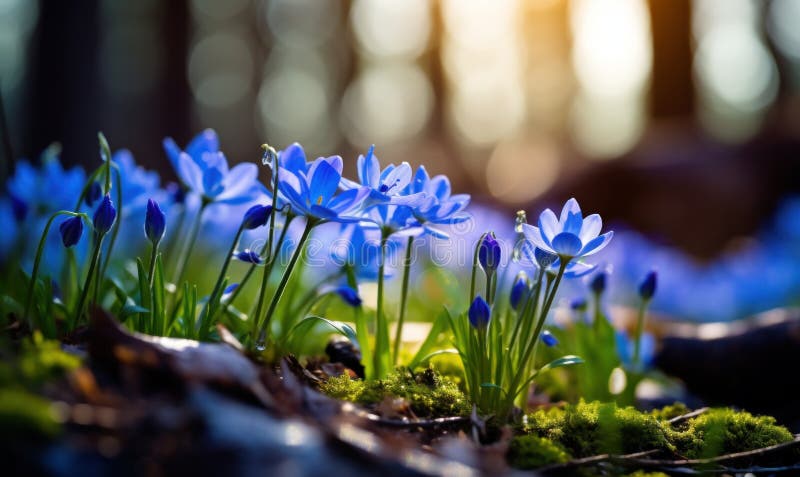 Spring Flowers in the Forest. Beautiful Nature Scene with Blooming Blue ...