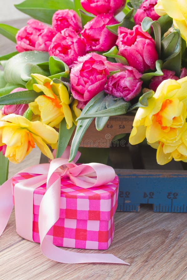 Spring Flowers with Gift Box Stock Photo - Image of nature, celebration ...