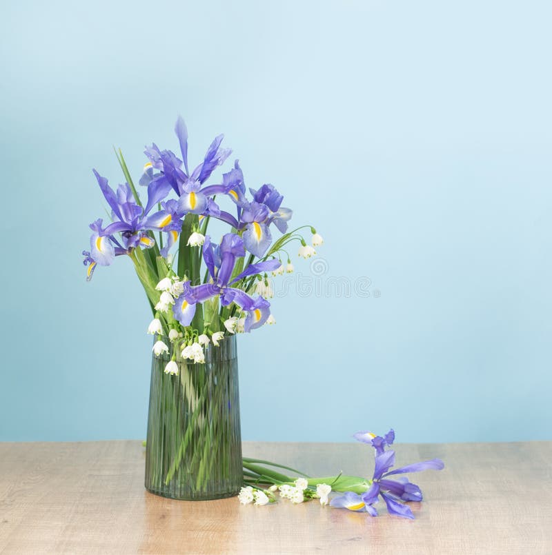 Spring Flowers in Glass Vase on Blue Background Stock Photo - Image of ...