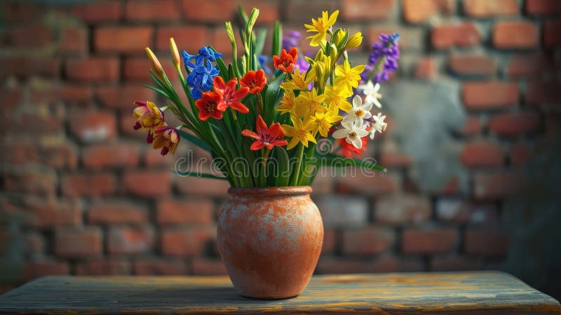 Spring Flowers Grace a Ceramic Pot on a Table, Set Against a Rustic ...