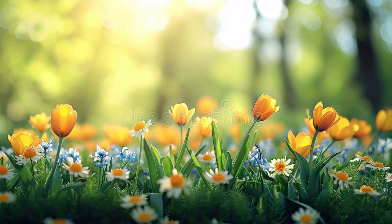 Spring Flowers in the Grass Spring in the Park Field of Spring Flowers ...