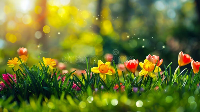 Spring Flowers in the Grass with Sunlight Stock Image - Image of flower ...