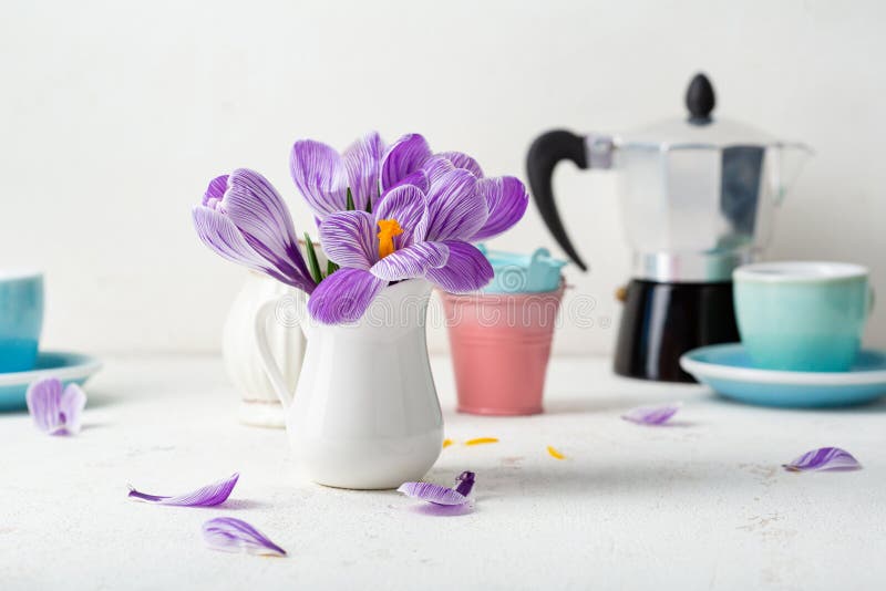 Spring Flowers in Jug on White Table on Coffee Cup, Breakfast Concept ...