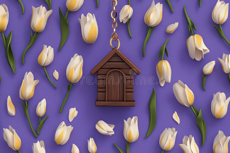 Spring Flowers and a Key in the Form of a House Arranged in a Flat Lay ...