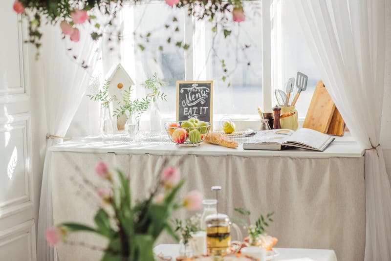 Spring Flowers on Light Kitchen. Sunny Day Stock Image - Image of ...