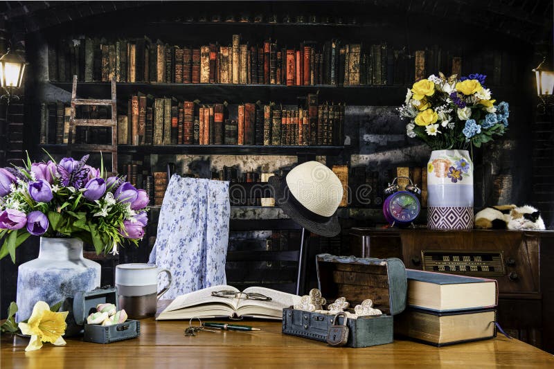 Spring Flowers and Old Radio in Retro Looking Library Stock Photo ...